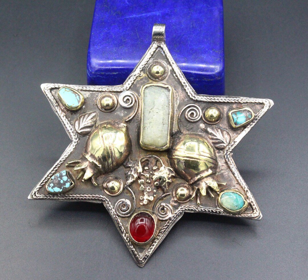 Turkmen Judaica Star Pendant, Jade Stones Pendant, Multistones Pendant ...
