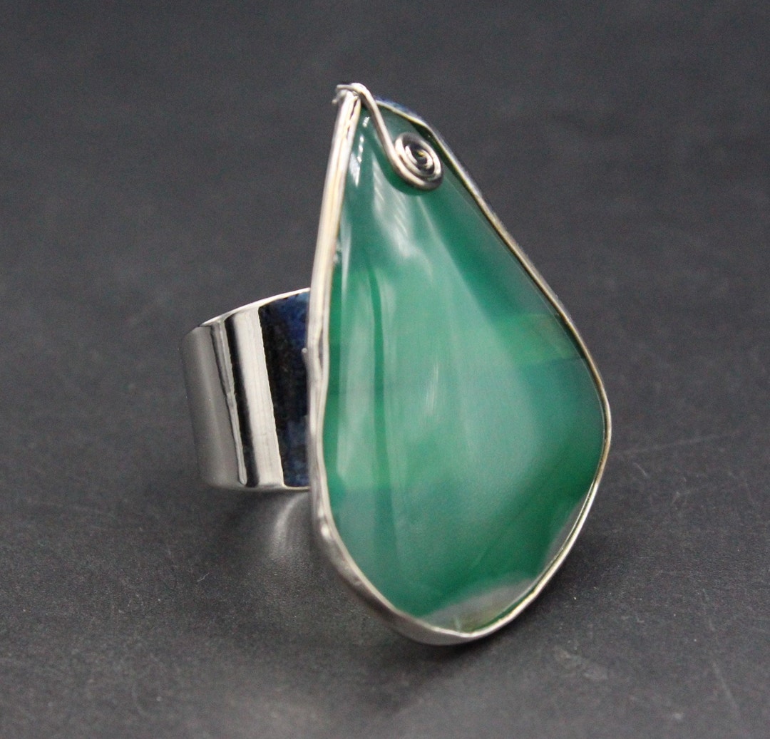 Turkish Green Glass Statement Ring: Silver Plated, Adjustable, Size 8US ...