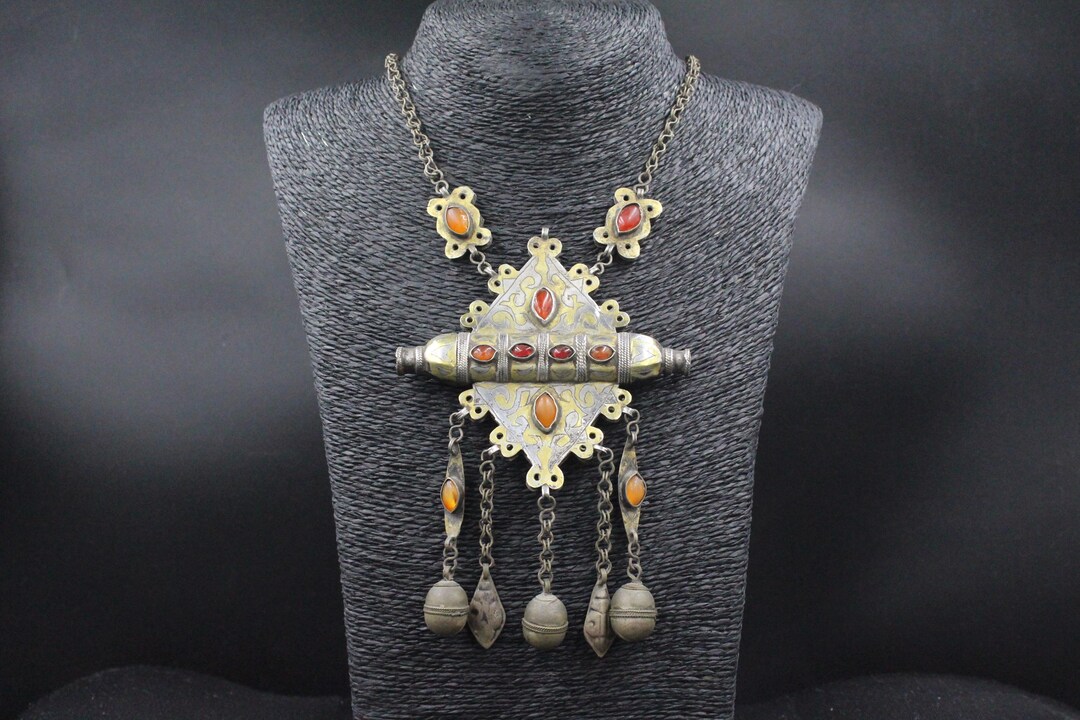 Amulet Tumar Turkmen Pendant Necklace, Yomut Silver Partial Gold Gilded ...