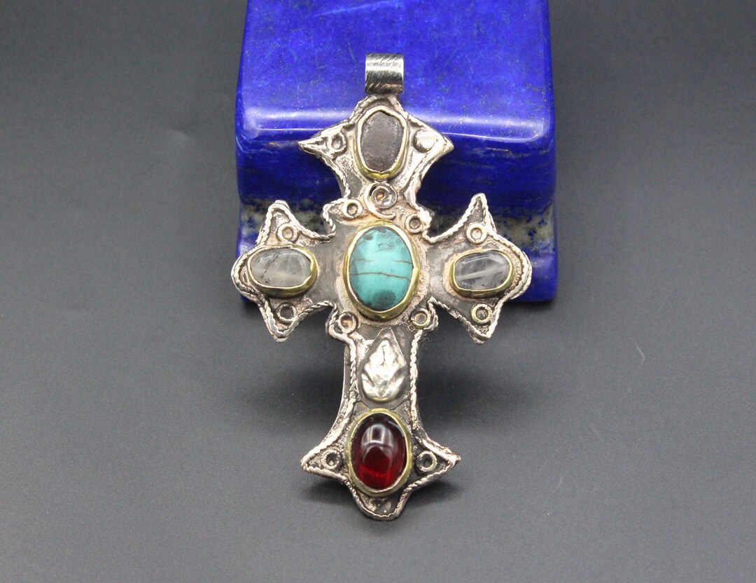 Turkmen Cross Pendant, Turquoise Stone Cross Pendant, Gemstones Beads ...