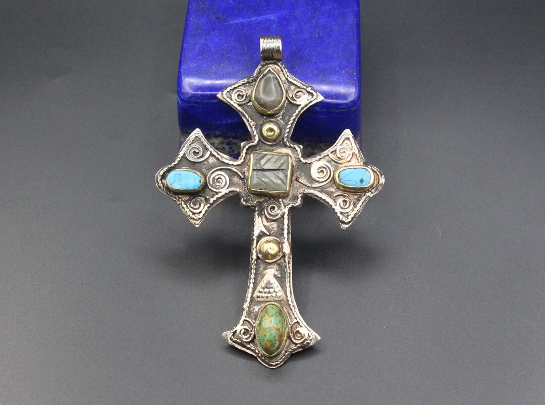 Turkmen Cross Pendant, Jade Stone Cross Pendant, Gemstones Beads Alpaka ...