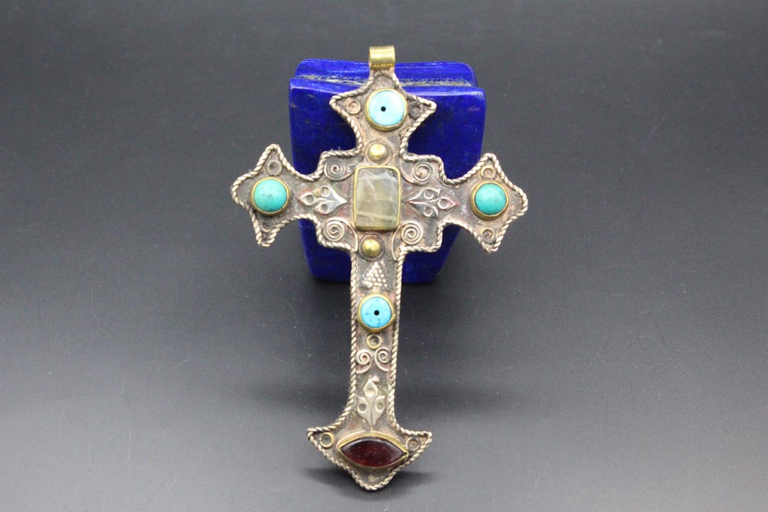Turkmen Large Cross Pendant, Jade Stone Cross Pendant, Colorful ...