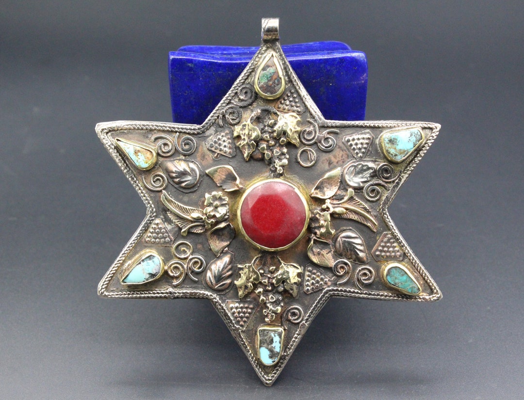 Turkmen Judaica Star Pendant, Multi Stones Pendant, Colorful David ...