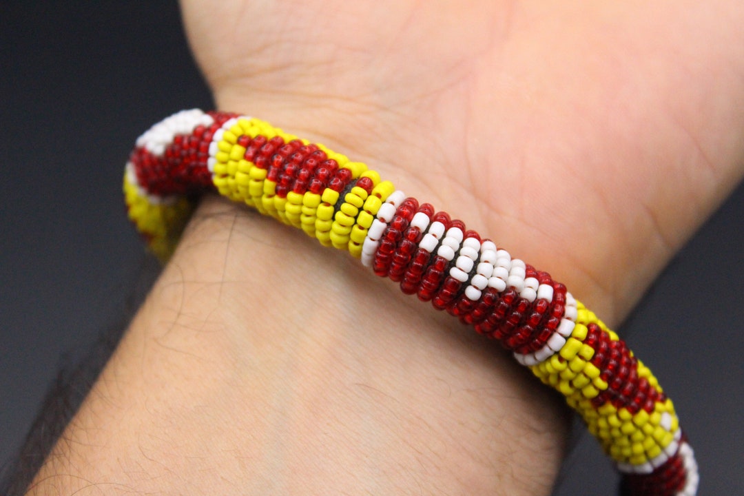 Vintage Afghan Kuchi Bracelet, Fabric Glass Beads Tribal Bracelet, Yellow & Red Bracelet Boho ...