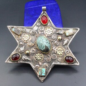 Turkmen Judaica Star Pendant, Turquoise Stone Pendant, Partial Gold ...