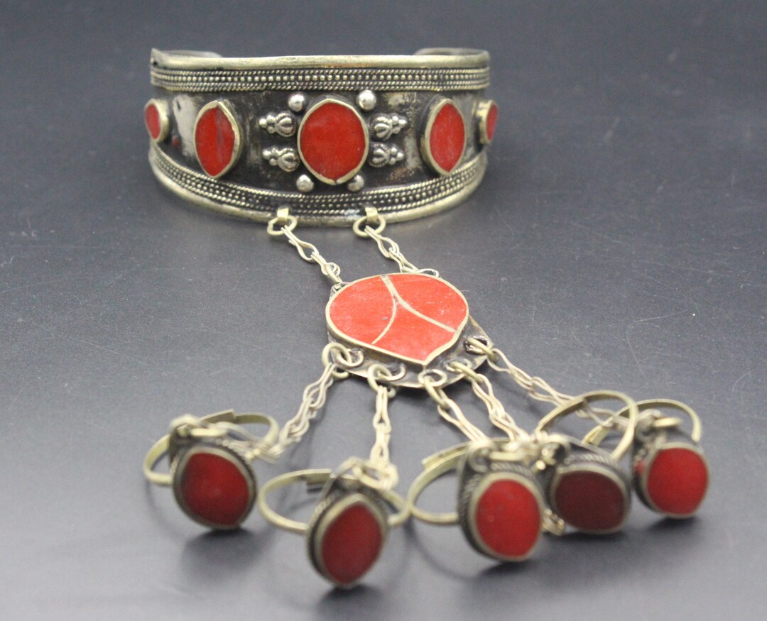 Afghan Traditional Belly Dance 5 Finger Ring Red Enamel Bracelet, Adornment Bracelet, Nomadic ...