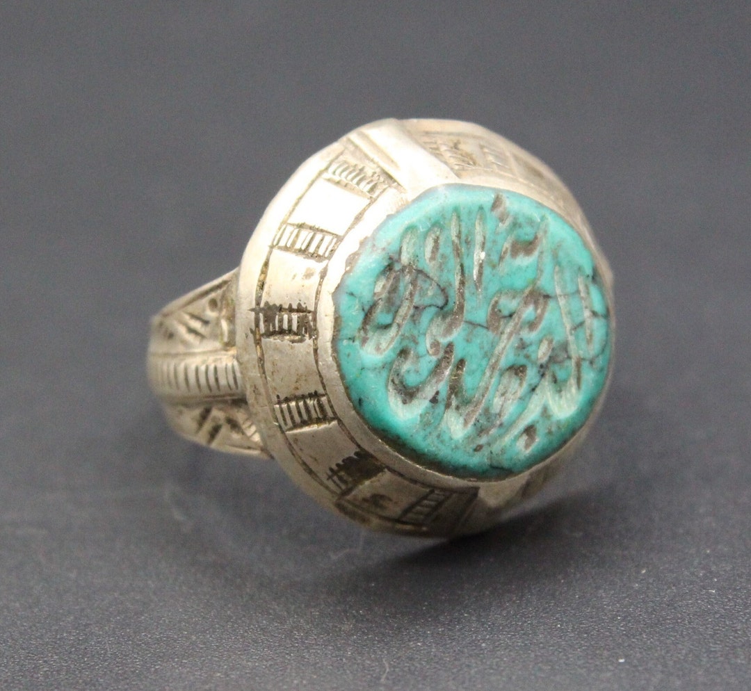 Afghan Silver Mughal Ring, Arabic Scripture Ring, Malachite Stone Tribal Ring, Handmade Mughal ...
