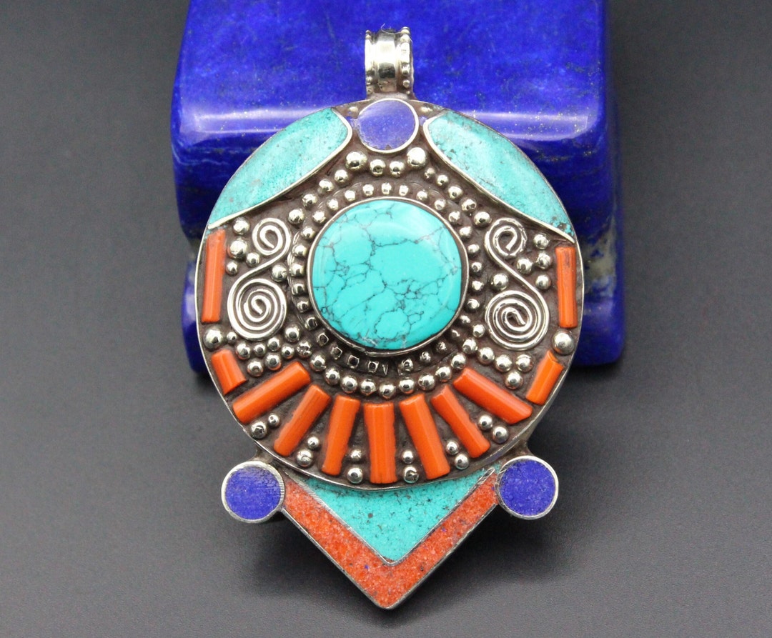Vintage Tibetan Nepalese Pendant, Boho Turquoise & Coral Pendant ...