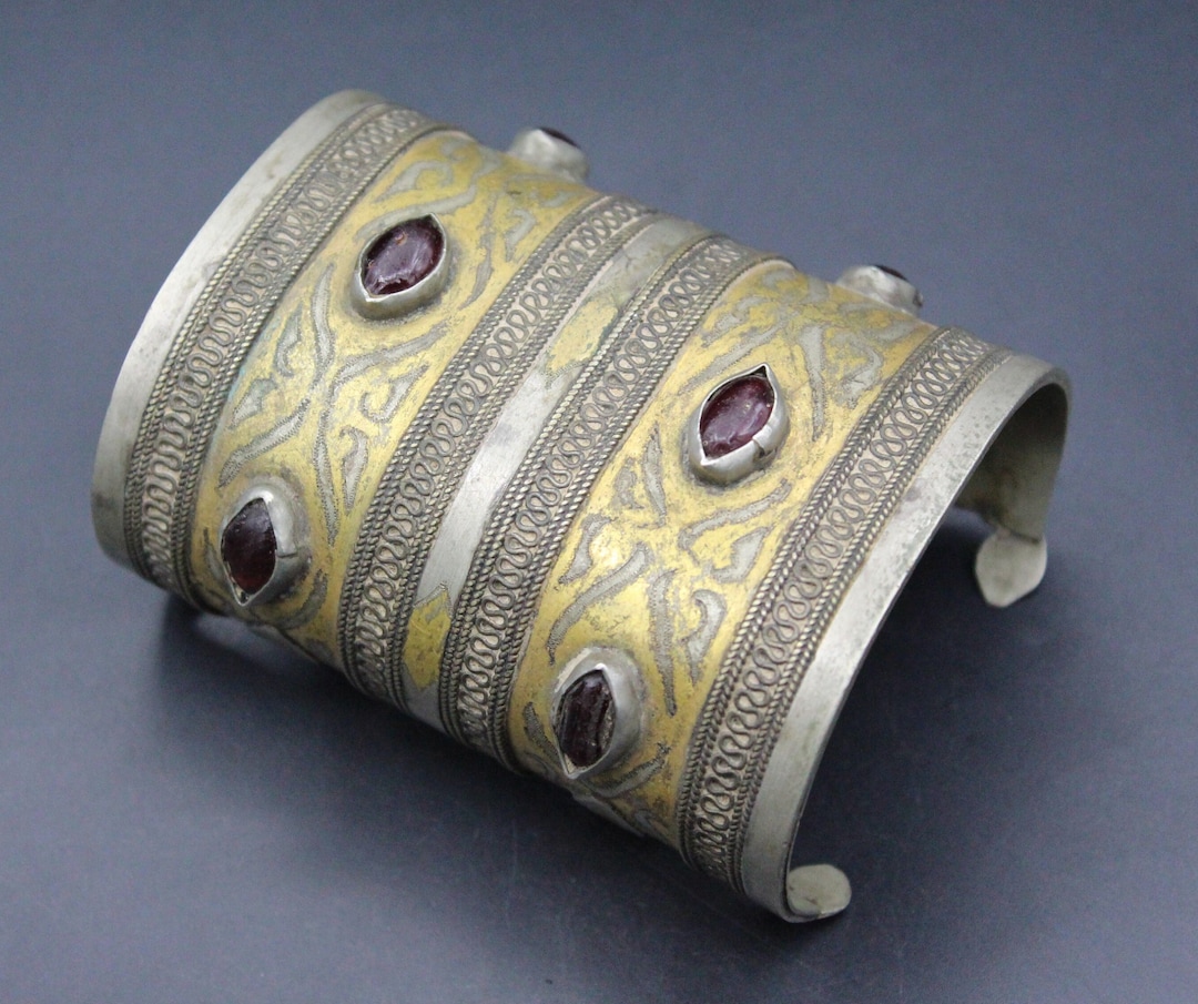 Vintage Turkmen Cuff Bracelet: Ethnic Alpaka, Gold Wash & Glass Beads ...