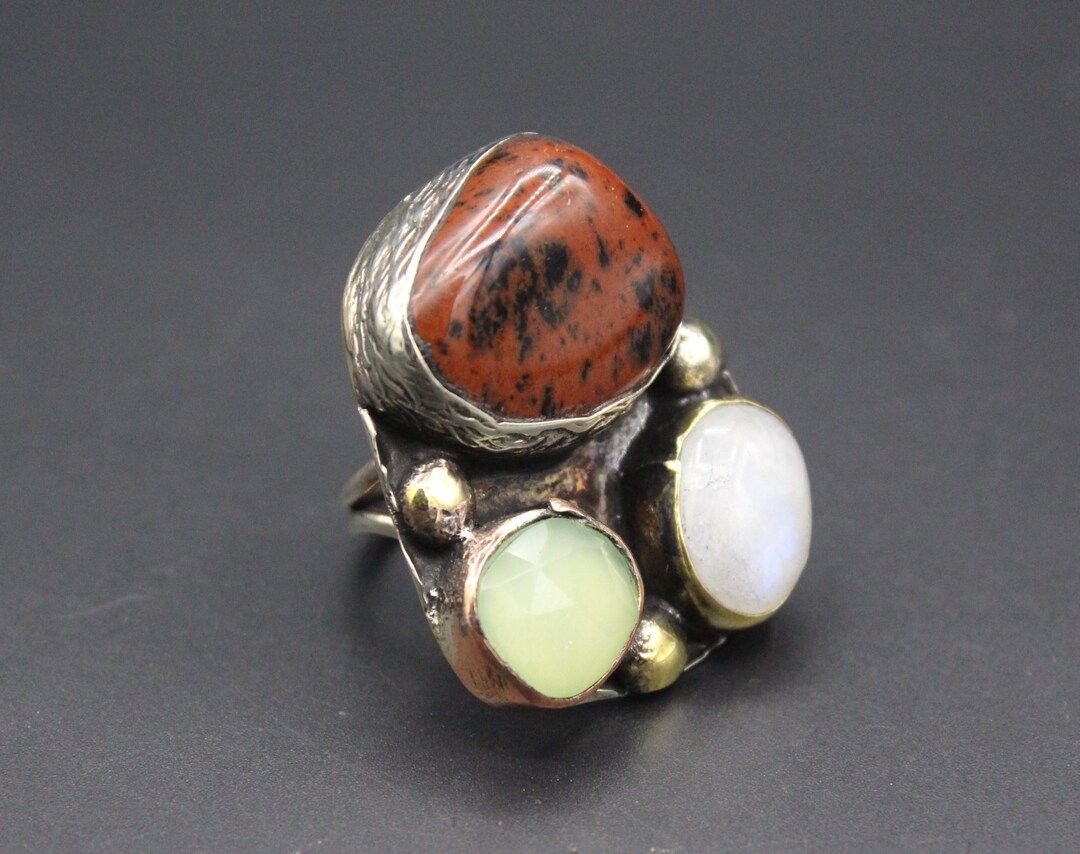 Turkish Multistones Ring, Colorful Bronze Ring, Partial Gold Wash Ring ...