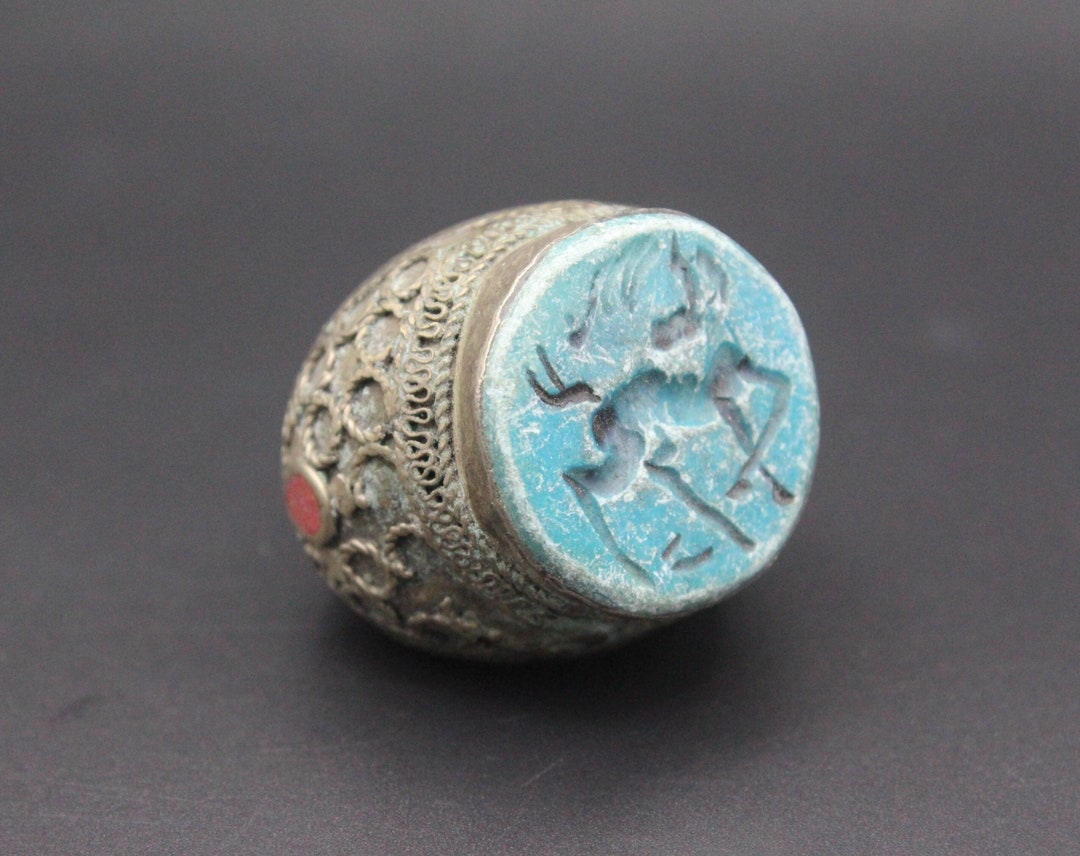 Vintage Afghan Ring, Deer Intaglio Belly Dance Ring, Tribal Turquoise ...