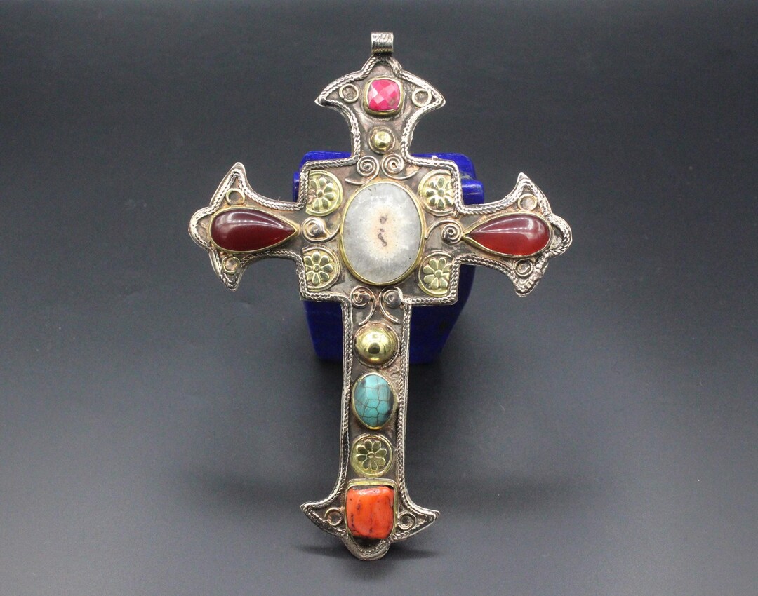 Turkmen Large Cross Pendant, Jade Stones Gemstones Beads Alpaka Cross ...