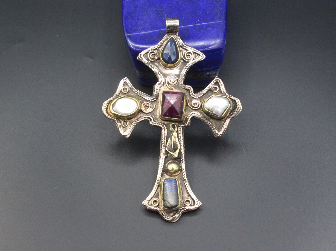 Turkmen Cross Pendant, Ruby Stone Cross Pendant, Gemstones Beads Alpaka ...
