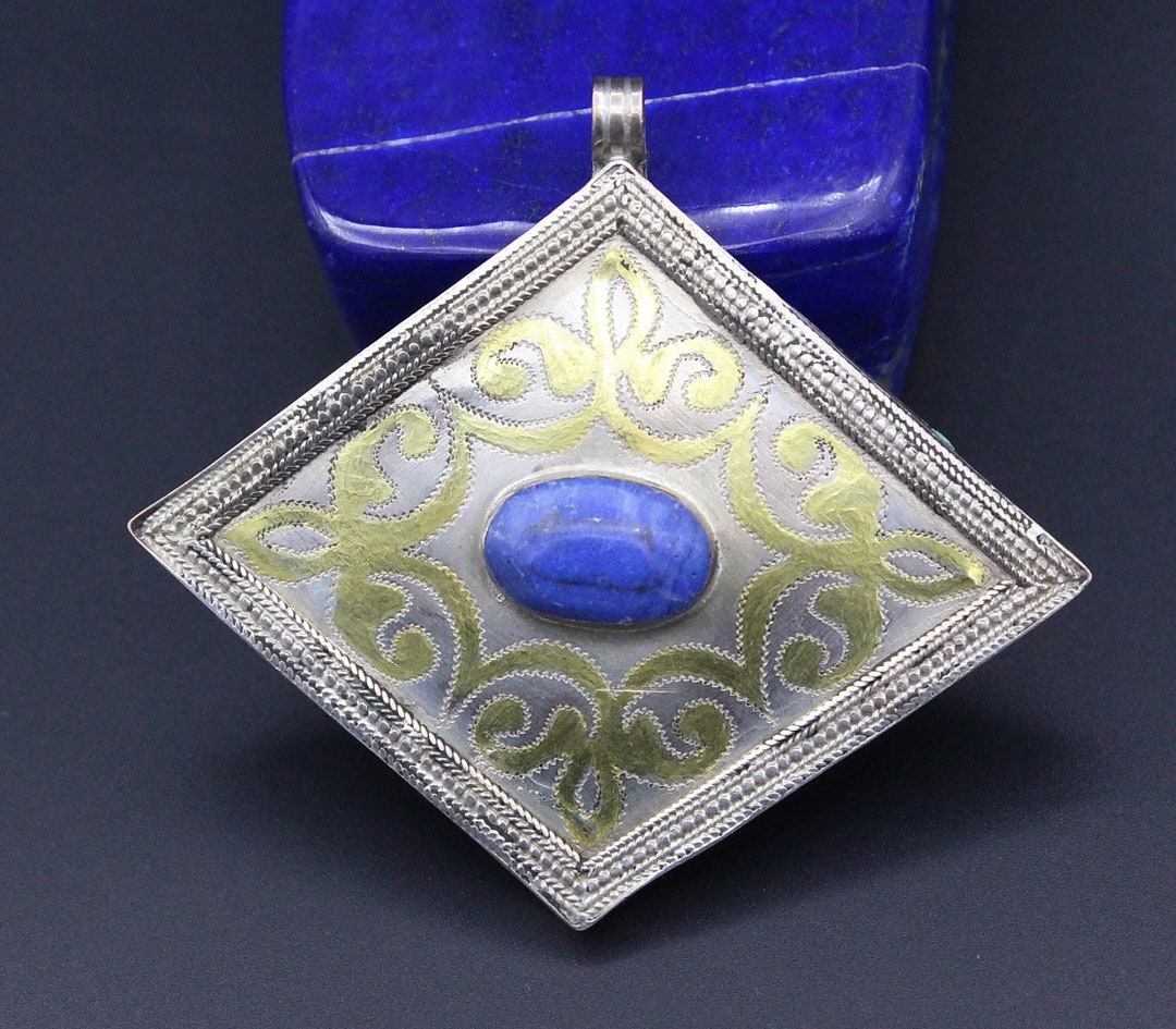 Turkmen Traditional Pendant, Partial Gold Wash Lapis Lazuli Stone ...