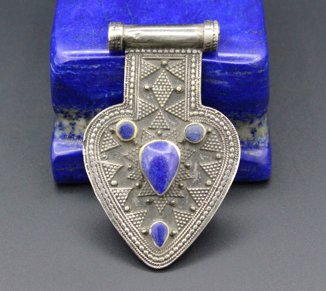 Turkmen Pendant, Blue Lapis Lazuli Stones Pendant, Asyk Heart Shape ...