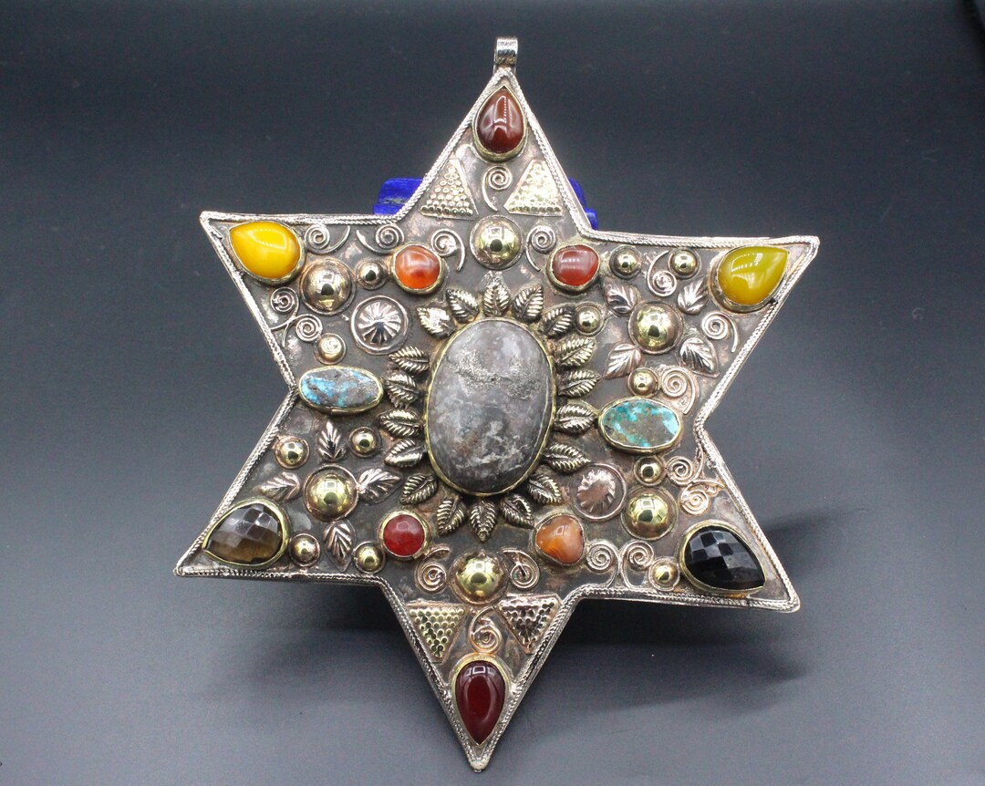 Turkmen Judaica Star Pendant, David Star Multistones Pendant, Partial ...