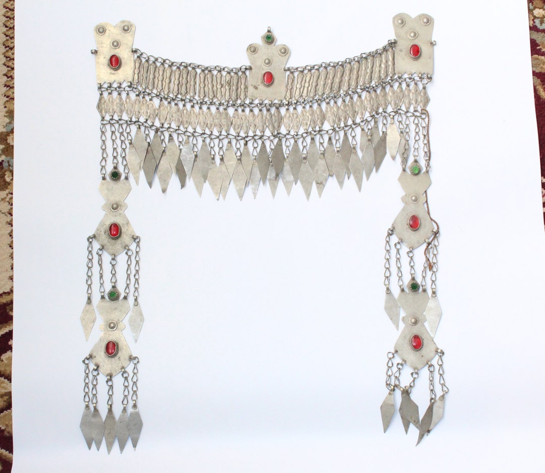 Vintage Turkmen Headpiece, Ethnic Tribal Alpaka Head Jewelry, Glass ...
