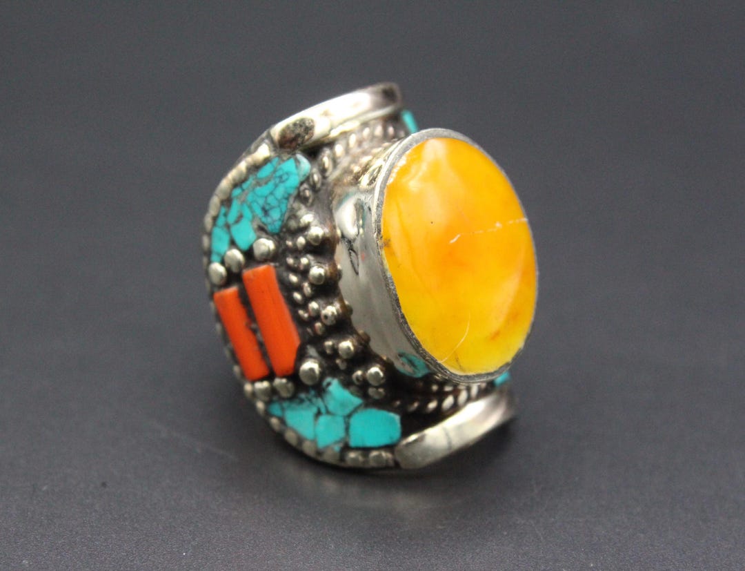 Nepalese Tibetan Vintage Ring, Turquoise & Coral Stones Long Ring, Boho ...