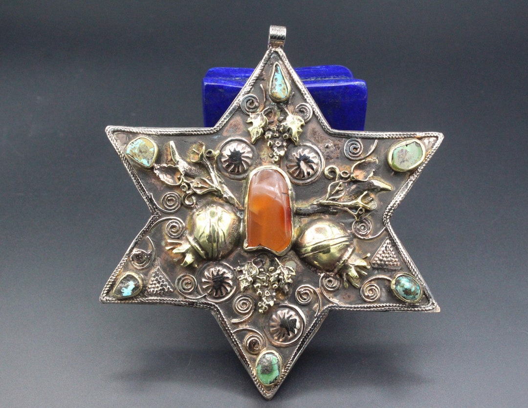 Turkmen Judaica Star Pendant, Carnelian Stones Pendant, Multistones ...