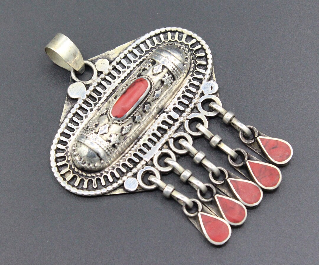 Vintage Turkmen Alpaka Red Enamel Workmanship Pendant, Tassels Pendant ...