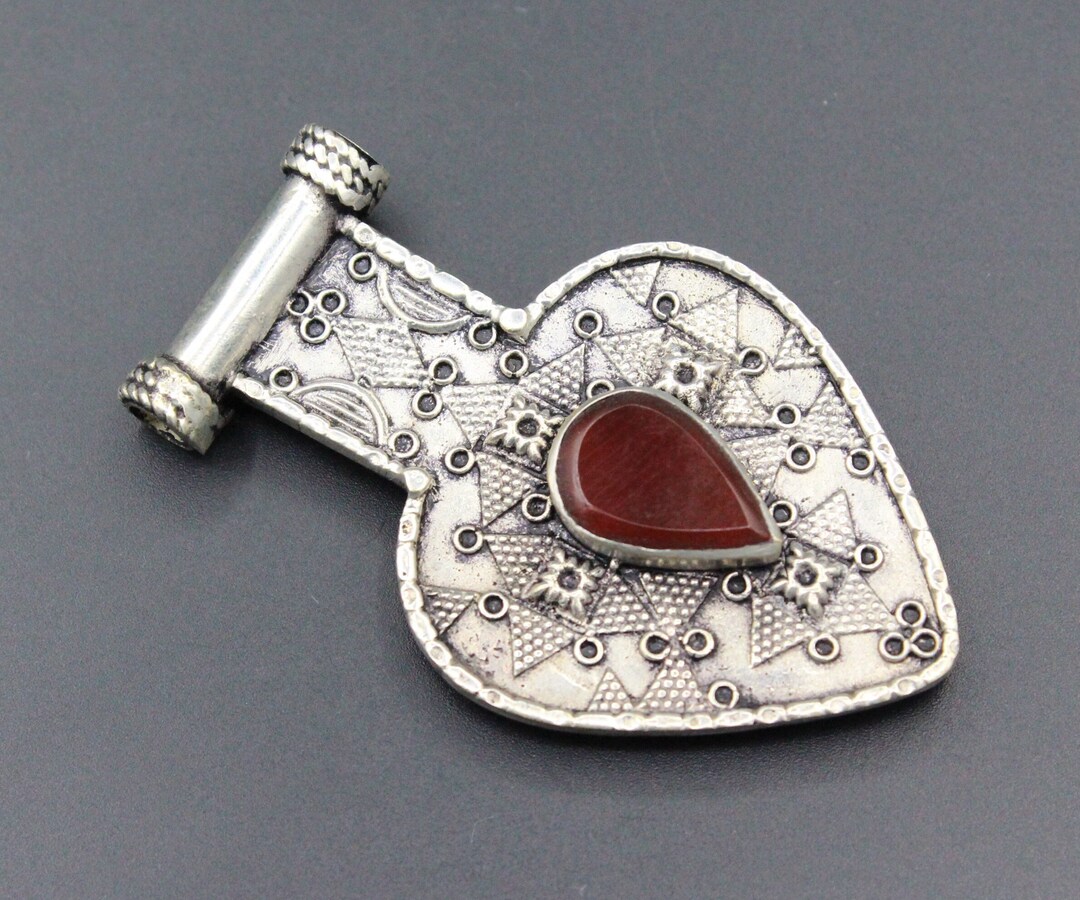 Turkmen Alpaka Asyk Pendant, Double Sided Carnelian Stone Asyk Pendant ...