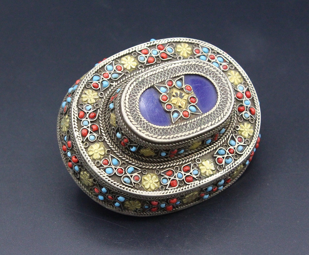 Uzbek Silver Large Ring, Turquoise & Coral Glass Beads Double Finger ...