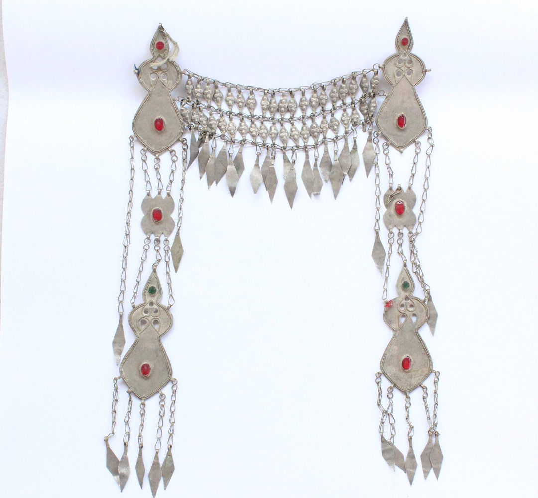 Vintage Turkmen Headpiece, Ethnic Tribal Alpaka Head Jewelry, Glass ...