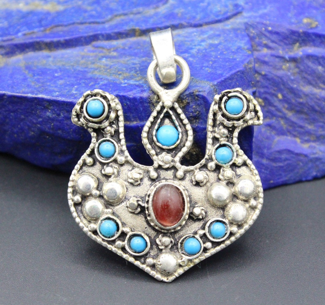Uzbek Traditional Alpaka Pendant, Carnelian Stones Animal Carved ...