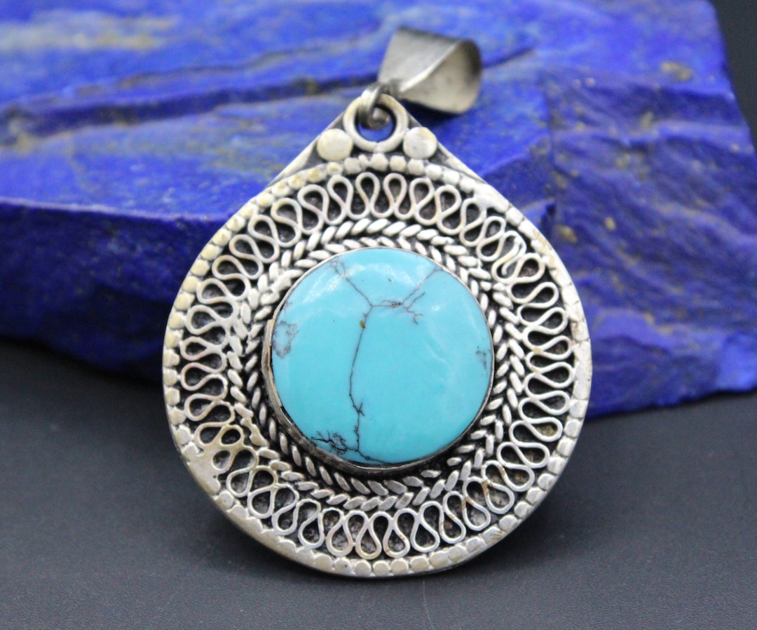 Kazakh Pendant, Round Shape Pendant, Turquoise Tribal Costuming Pendant ...