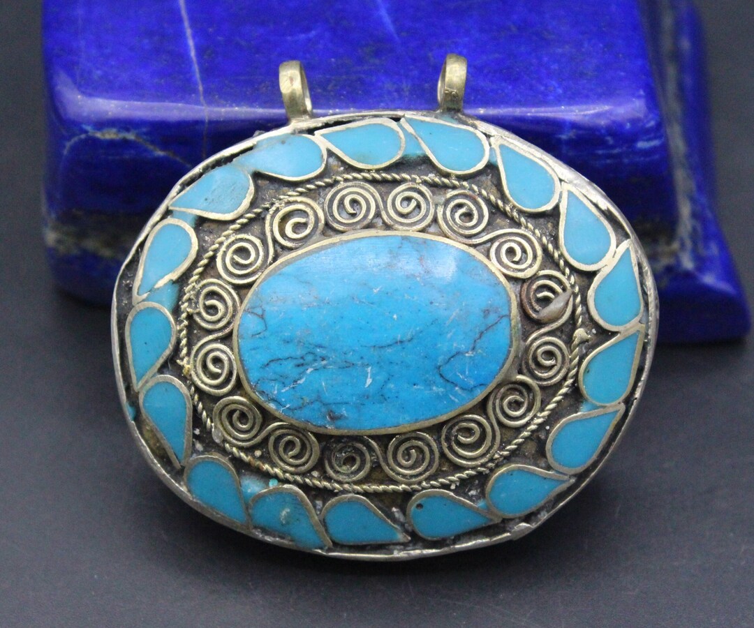 Afghan Kuchi Alpaka-silver Oval Turquoise Stone Pendant Tribal Nomadic ...