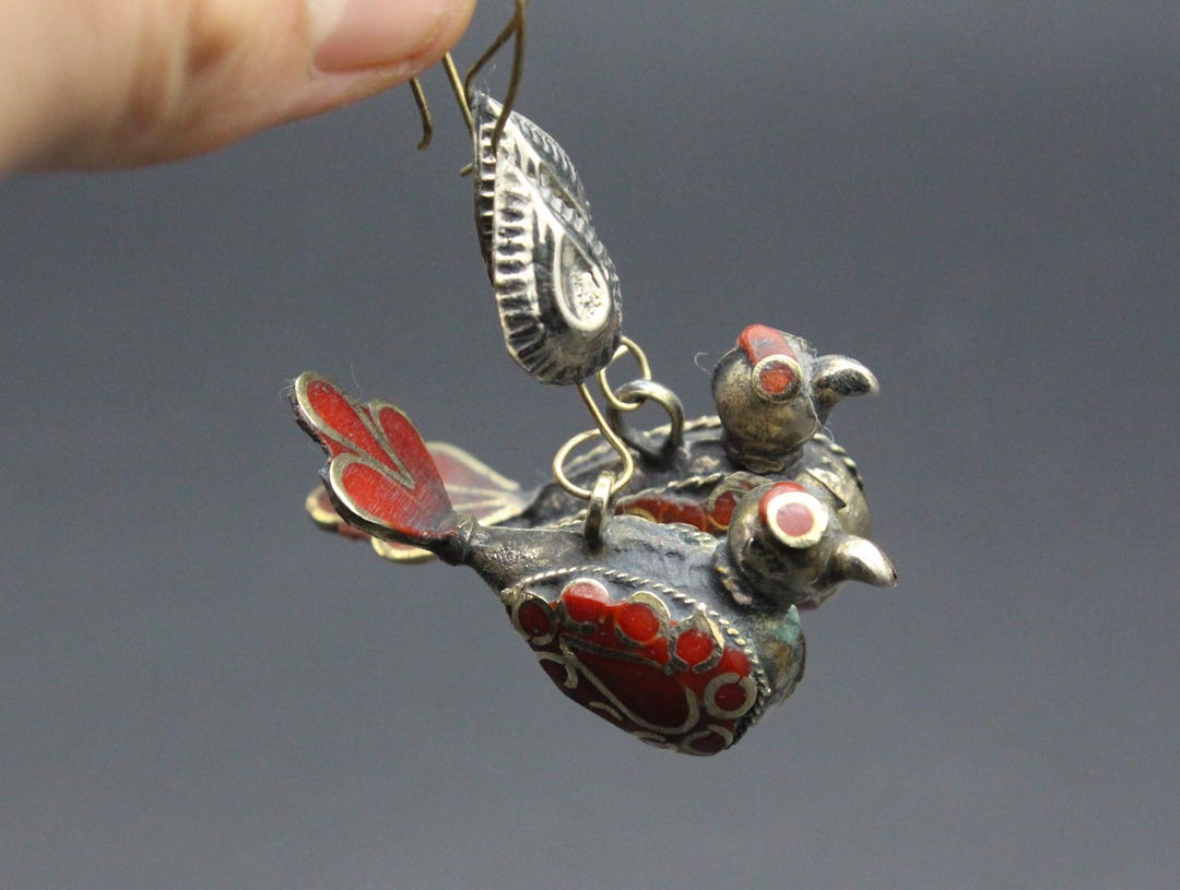 Vintage Afghan Enamel Earrings, Red Bird Earrings, Bird Shape Earrings ...