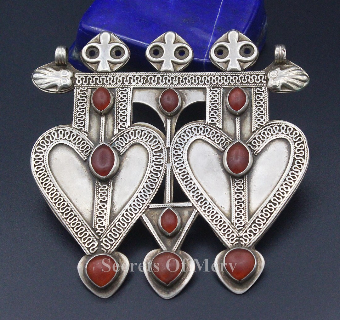 Vintage Turkmen Silver Double Cordiform Pendant, Natural Carnelian ...