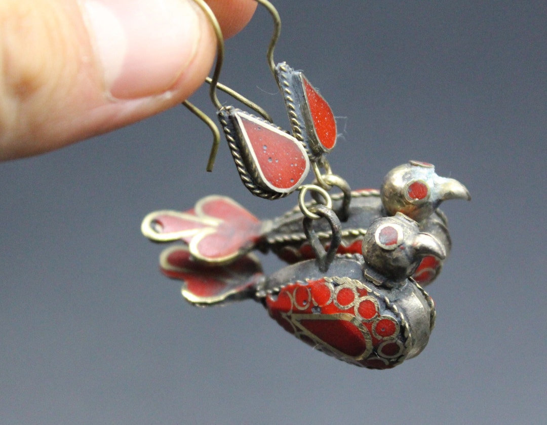 Vintage Afghan Enamel Earrings, Red Bird Earrings, Bird Shape Earrings ...
