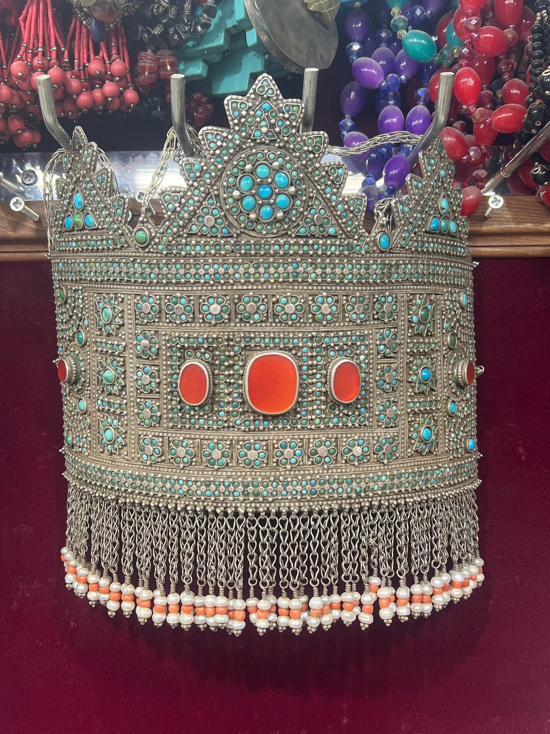 Uzbek Traditional Silver Wedding Crown, Carnelian Stones & Turquoise ...