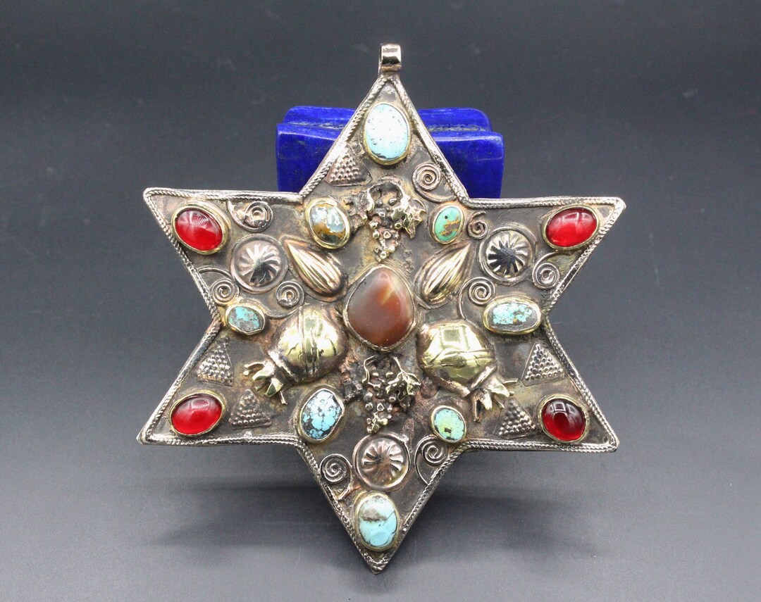 Turkmen Judaica Star Pendant, Carnelian Stones Pendant, Multistones ...