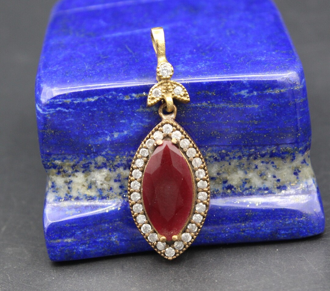 Turkish Sterling Silver Bronze Pendant: Ruby Glass Stone Ottoman ...