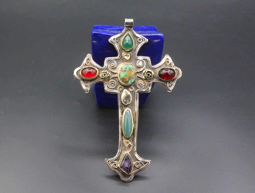 Turkmen Large Cross Pendant, Turquoise Stone Cross Pendant, Colorful ...