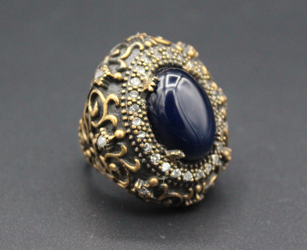 Ottoman Bronze Ring: Blue Glass Stone & Zircon Beads, Size 7.5US - Etsy