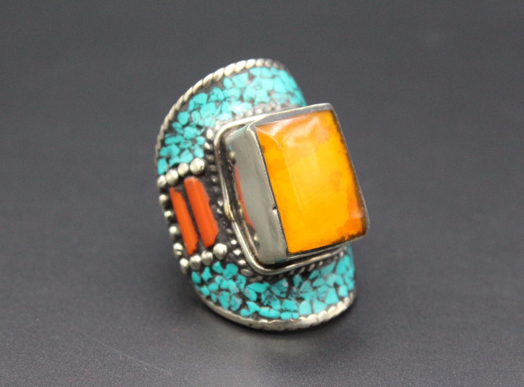 Nepalese Tibetan Vintage Ring, Turquoise & Coral Stones Long Ring, Boho ...
