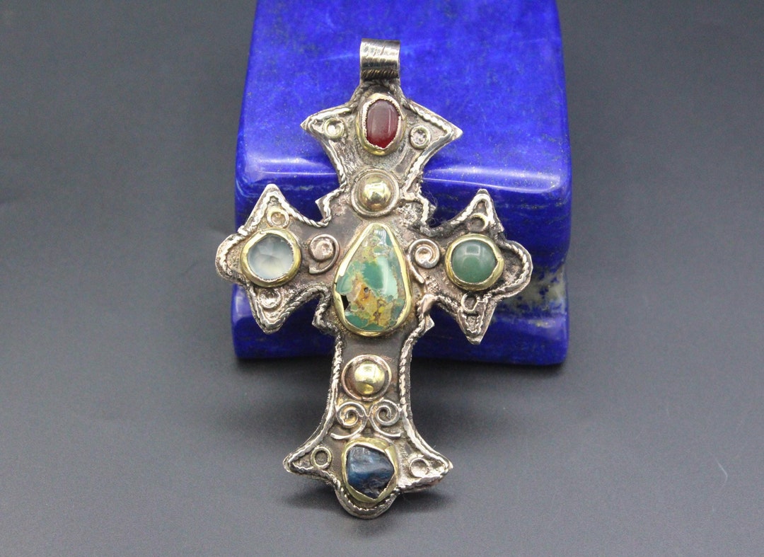 Turkmen Cross Pendant, Turquoise Stone Cross Pendant, Gemstones Beads ...