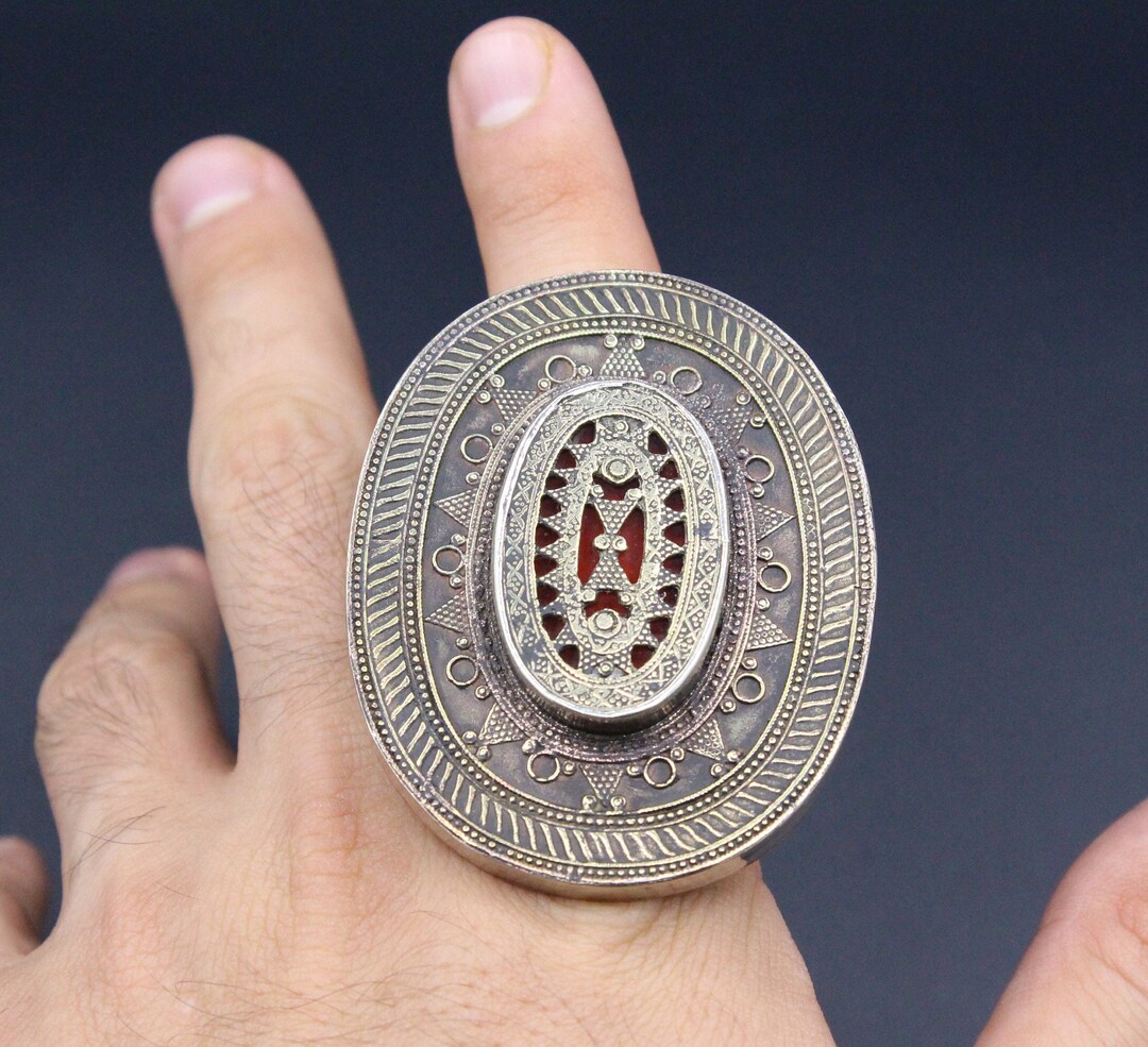 Kazakh Traditional Alpaka Ring, Partial Gold Wash Ring, Vintage Tribal ...