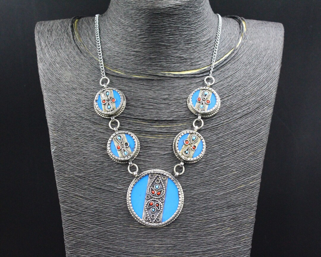 Vintage Uzbek Necklace: Sky Blue Glass Beads, Tribal Charm Chain - Etsy