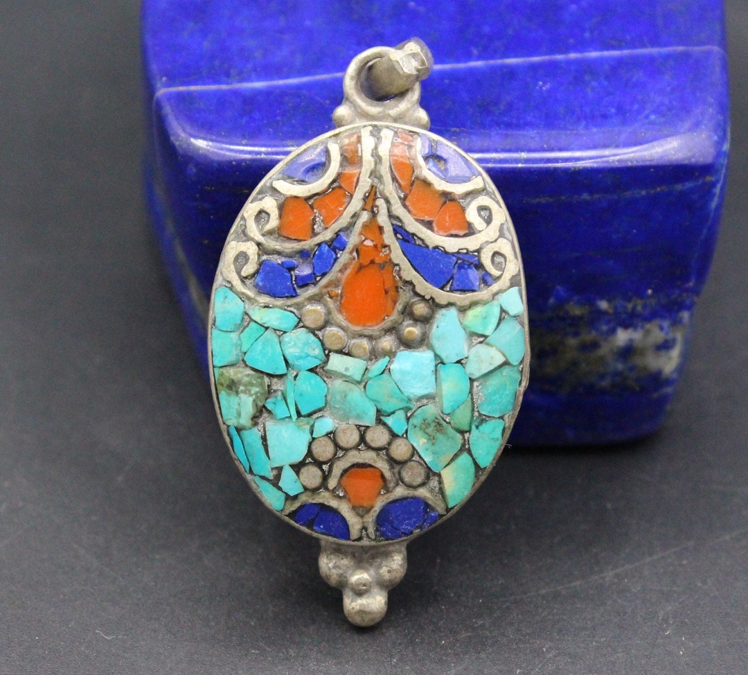 Nepalese Tribal Pendant, Turquoise Stones Tear Drop Pendant, Boho ...