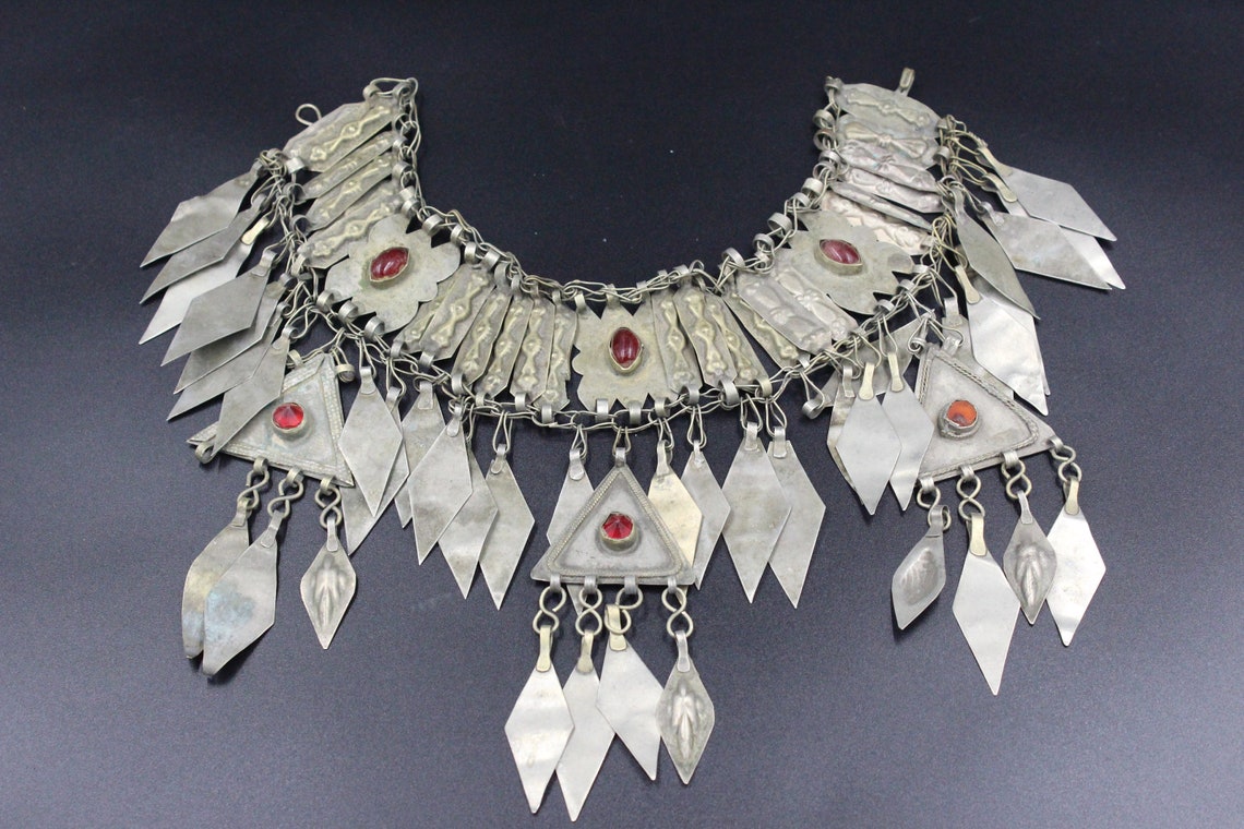 Vintage Turkmen Headpiece, Ethnic Tribal Alpaka Head Jewelry, Glass ...
