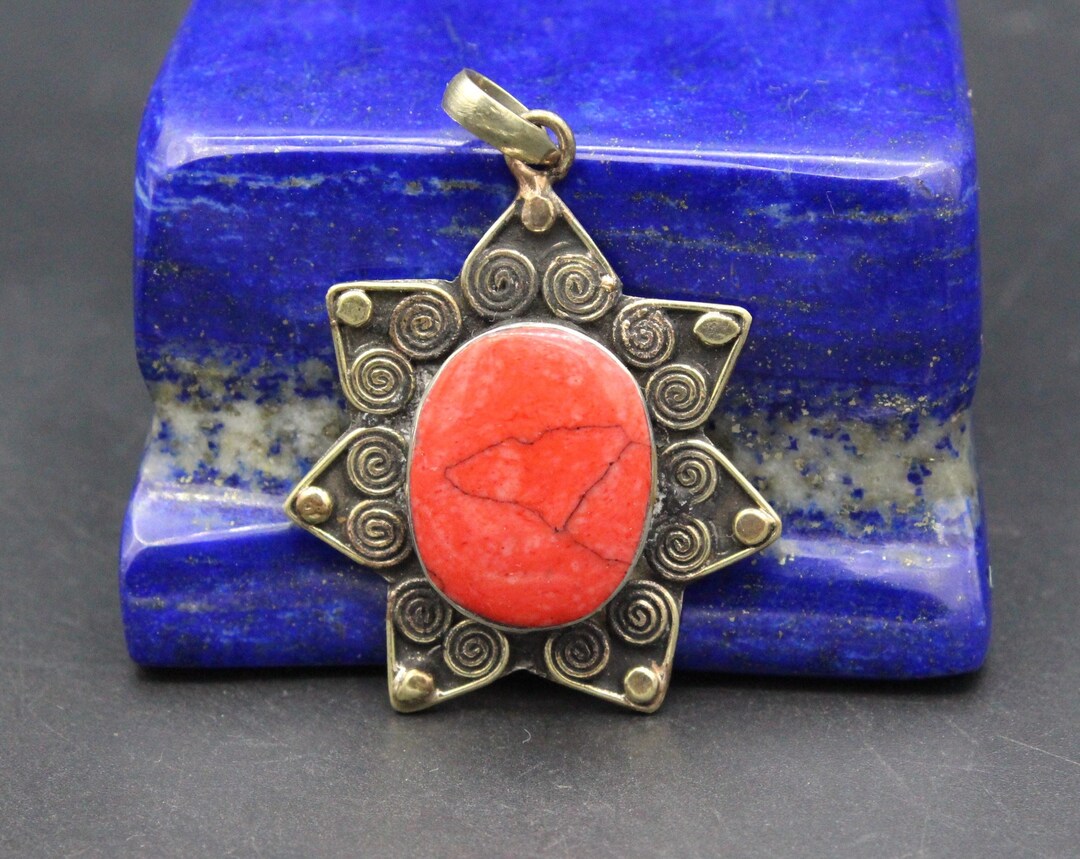 Turkmen Alpaka Pendant, Star Shape Red Enamel Pendant, Belly Dance ...