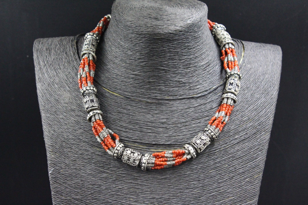 Afghan Traditional Alpaka Necklace, Red Seed Coral Beads Necklace ...
