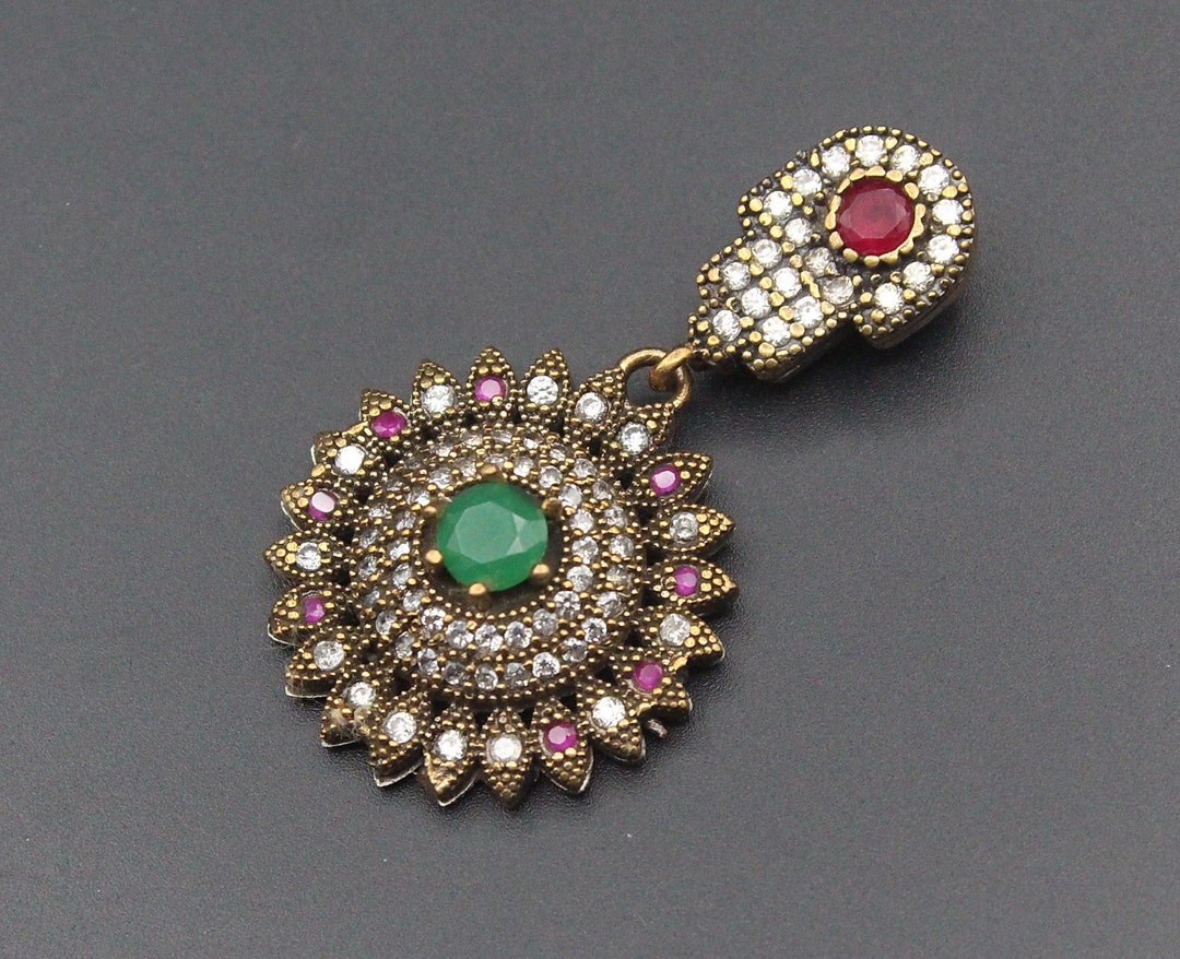 Turkish Sterling Silver Emerald Zircon Pendant: Handcrafted Bronze ...