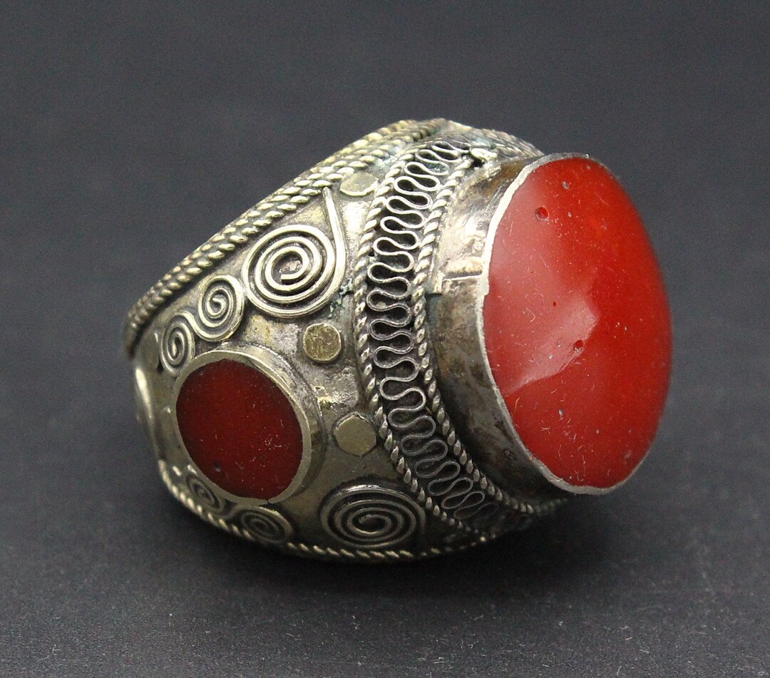Kuchi Vintage Tribal Ring, Afghan Boho Enamel Ring, Round Alpaka Ring ...