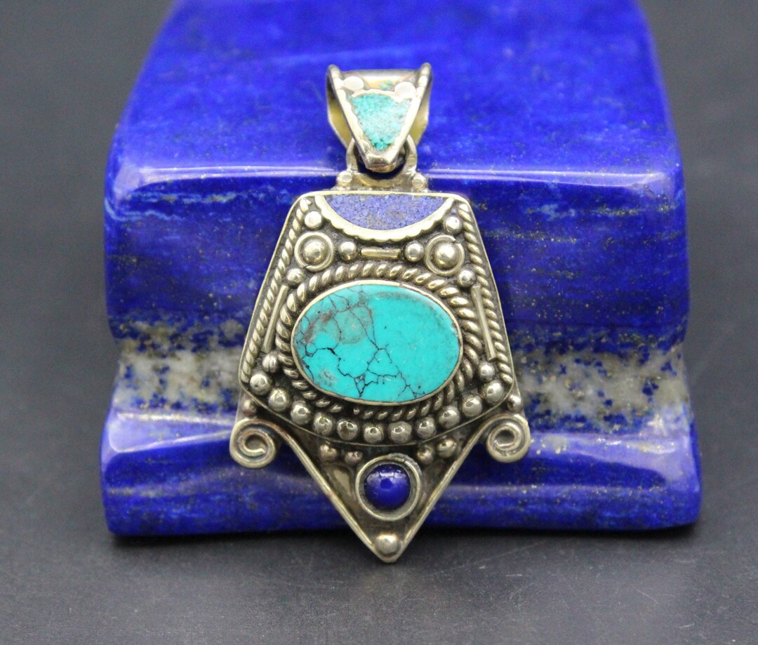 Nepalese Pendant, Tibetan Alpaka Pendant, Turquoise Beads Pendant ...