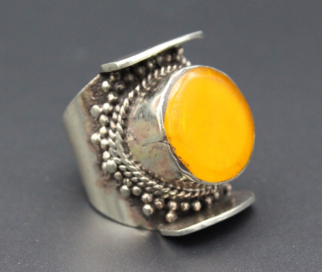 Nepalese Tibetan Vintage Ring, Amber Stones Long Ring, Boho Style Ring ...